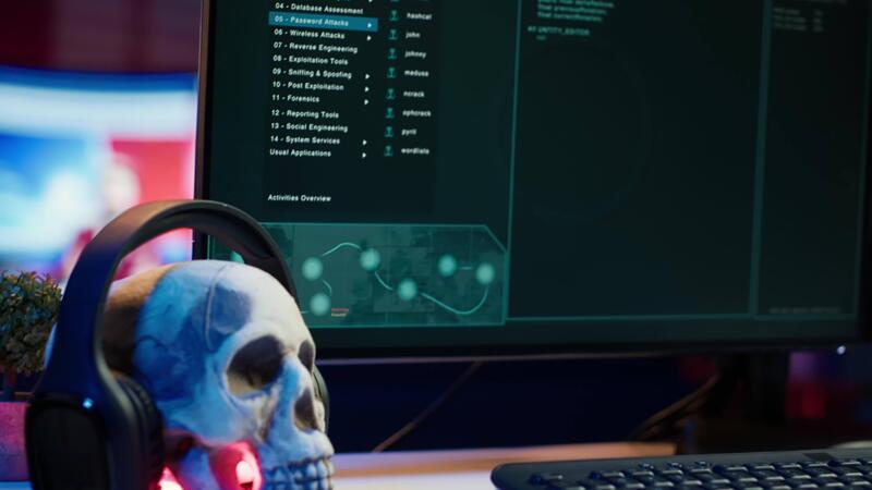 Close up of desk in criminals den and hacking software interface on PC ...