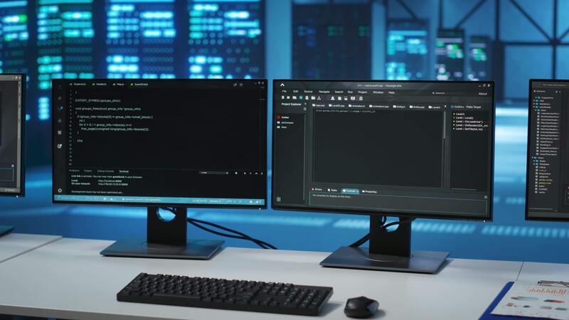 Lines Of Code Running On Computer Screens In Data Center Used For Troubleshooting Rackmounts In