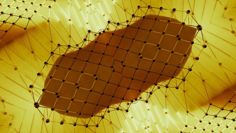 Grid moves in waves and with triangular pattern and light. Design. Grid with dots moving in ...