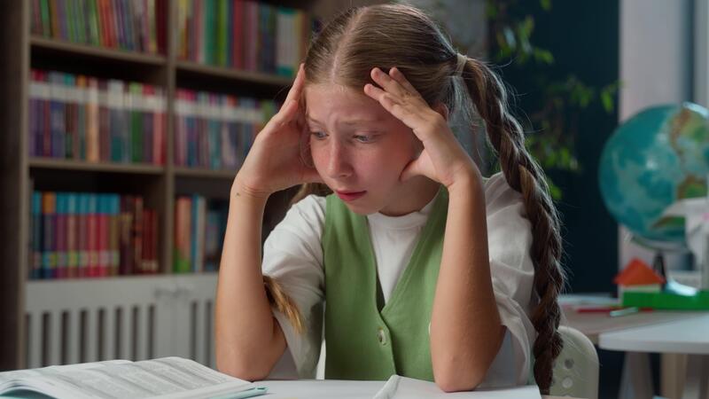 Sad Caucasian little girl school child kid upset schoolkid pupil frustrated overworked learner ...