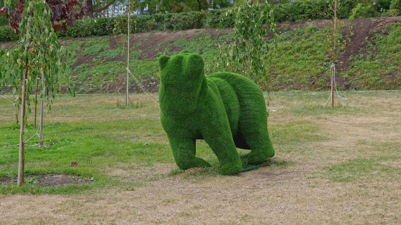 Bushes in shape of animals. Clip. Sculptural pruning of bushes in landscape design. Green bush ...