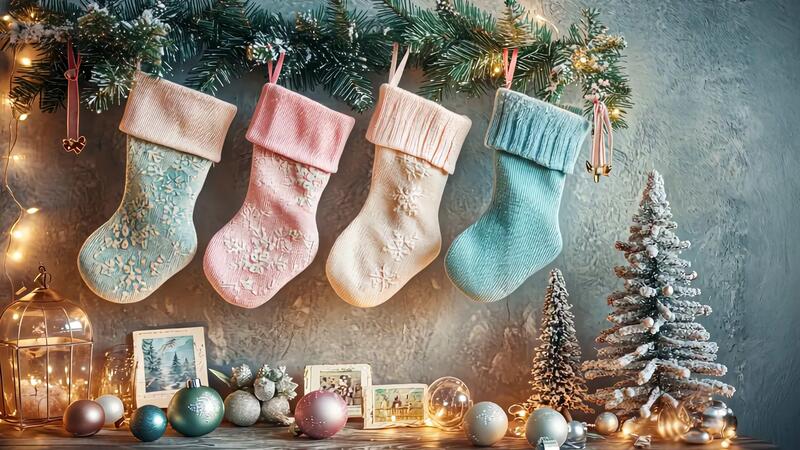 Pastel Christmas stockings, vintage postcards, and retro glass ...