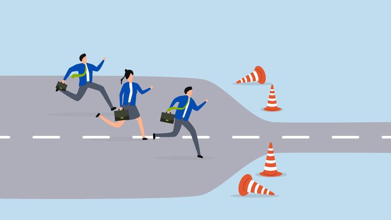 Bottleneck make business run slow, 4k animation of Business individuals sprint along broad path ...