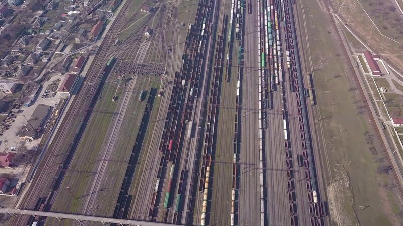 Aerial View Of Railway Sorting Station And A Lot Of Wagons At A Railway Drone Flies Over