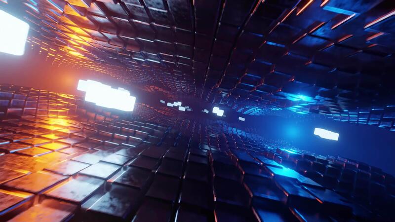 Abstract 3D animation background in the form of randomly moving cubes metal brick in neon light ...