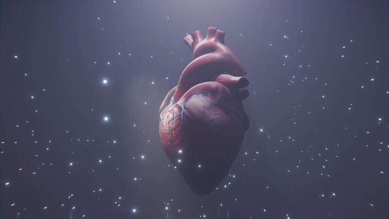 A detailed 3D rendering of a human heart floating in a sci-fi ...