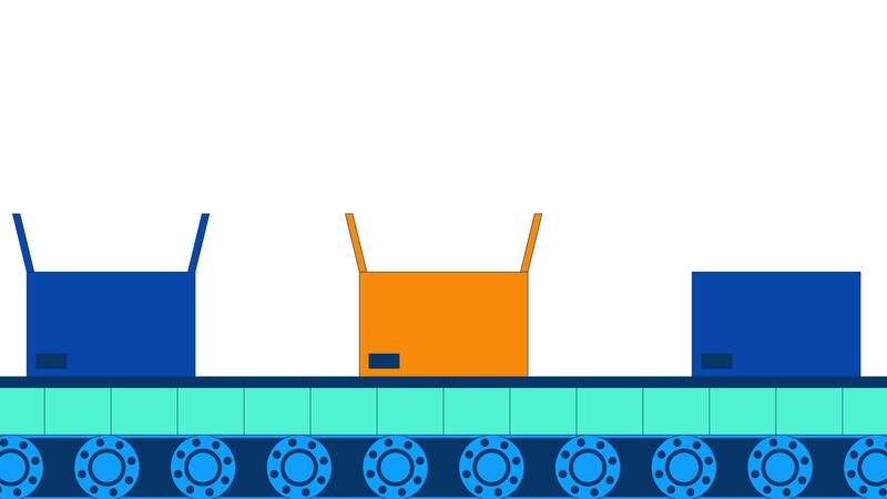 Cardboard boxes moving on conveyor belt cartoon animation. Parcels packing on distribution ...