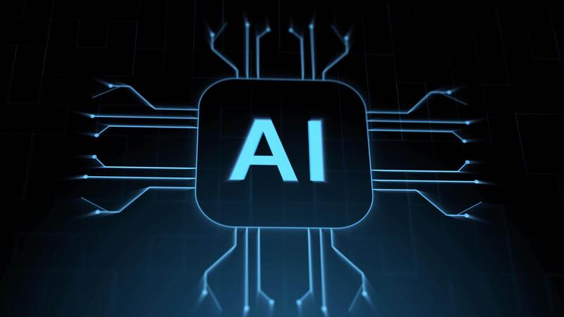 Artificial intelligence microchip animation digital technology concept showing blue artificial ...