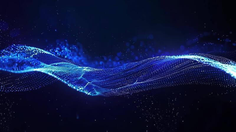 A vibrant, dynamic blue wave of light particles creating a mesmerizing digital abstract ...