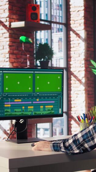 Editor Selecting Key Frames To Use While Doing Montage Working From Home On Green Screen