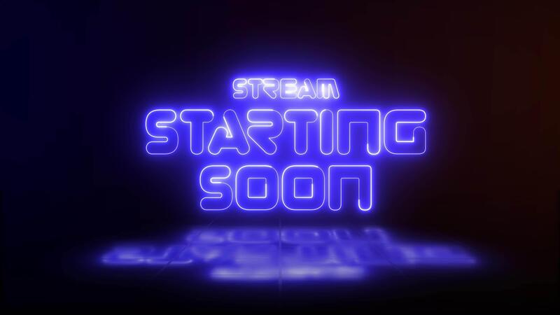 Stream Starting Soon blue neon sign glowing animation looping with reflection on dark background ...