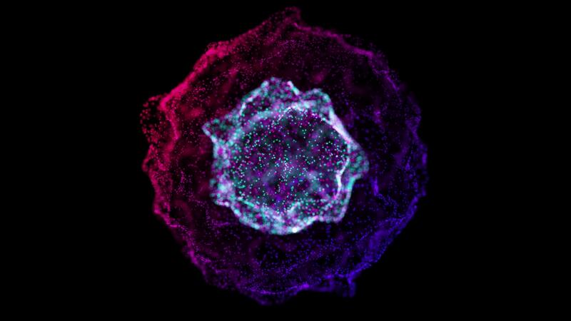 Vivid Cyan And Magenta Particle Sphere With Abstract Layers On Black