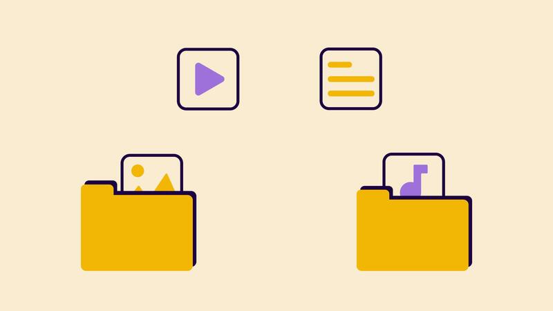 Animated illustration of an organized file folder containing multimedia ...