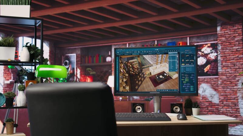 Architectural design 3D modeling program on computer screen showing ...