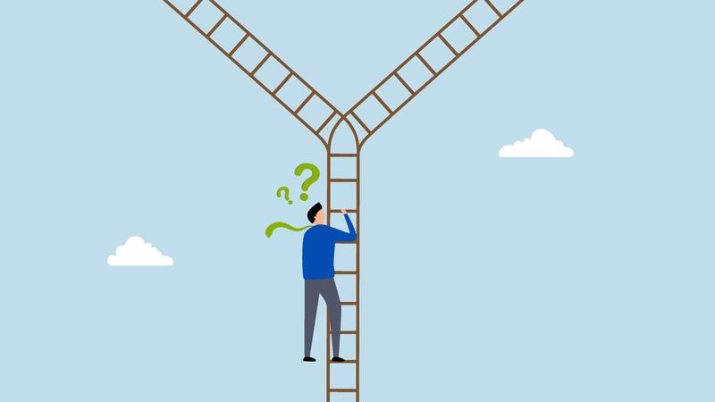 Decision making, 4k animation of Perplexed entrepreneur ascends ladder ...