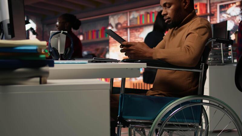 Engineer With Disability Coding Ai Algorithms In Inclusive Startup Office Using Tablet Refining