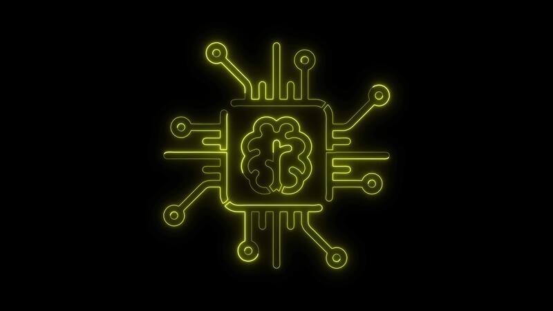 Glowing neon computer processor icon, CPU circuit neon animation ...
