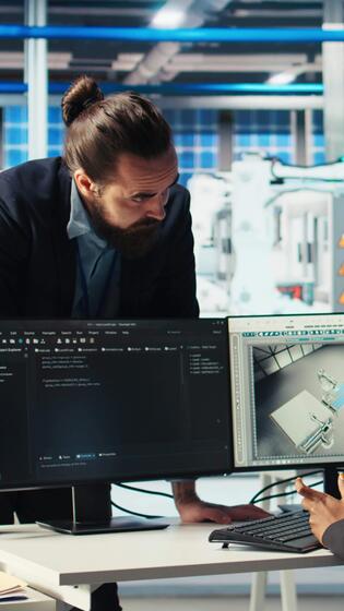 Vertical Photovoltaics factory system administrator coding, presenting progress to manager ...