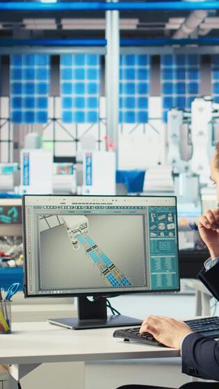 Vertical Photovoltaics factory manager reviews paperwork of robot arms performance placing solar ...