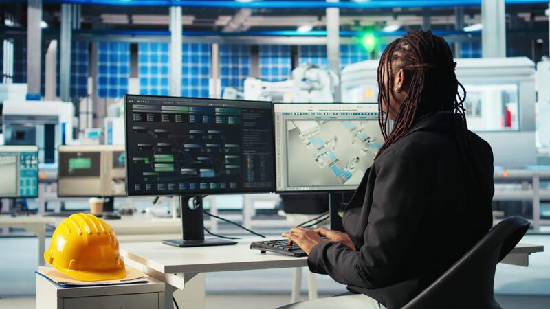 Photovoltaics Factory Programmer Analyzing Data With Machine Learning Tech Reviewing System