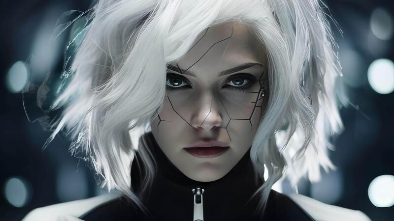 Portrait of woman symbolically turning into virtual human, virtual character, or digital clone ...