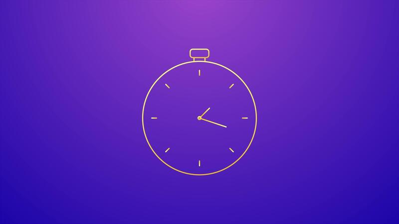 Clock icon animation with yellow gradient color and purple background ...