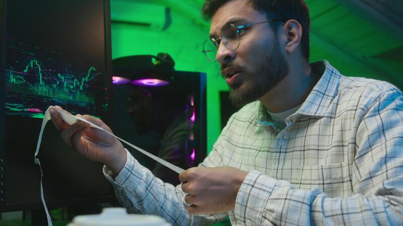 Frustrated Arabian Indian Man Programmer Holding Paper Code Bills Problem Checking Information