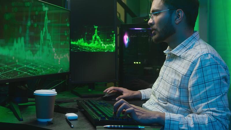 Tired sleepy Indian Arabian man worker typing keyboard computer late ...