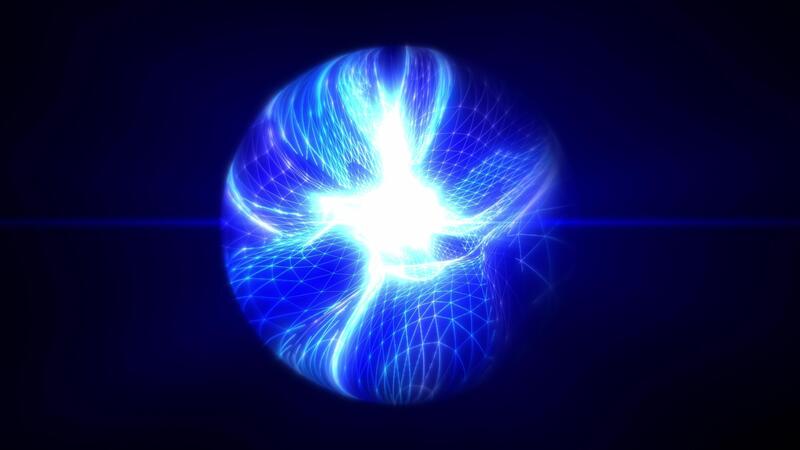 Abstract glowing sphere, energy ball shines brightly with light rays, magic lines from particles ...