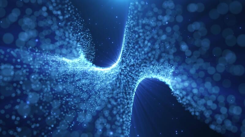 Abstract digital dynamic blue particle waves with light motion background, data flow, cyber ...