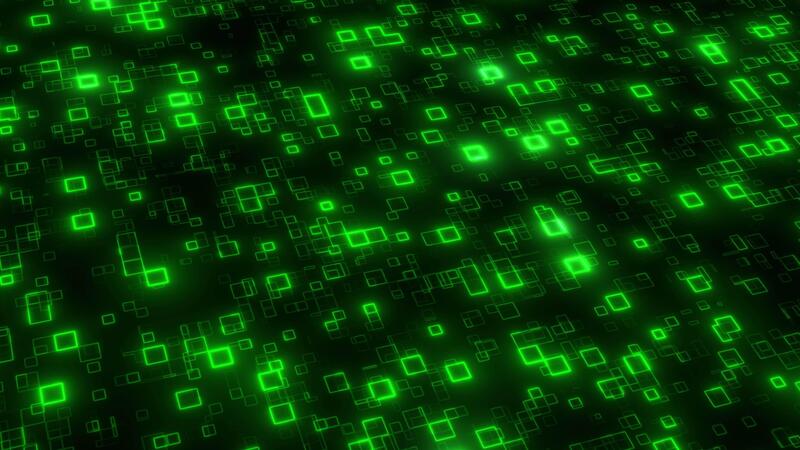 Digital background with green squares particles and geometric shapes, data analysis technology ...