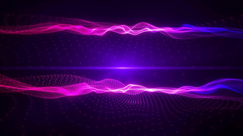 Abstract purple digital dynamic particle waves with motion light background, data flow, cyber ...