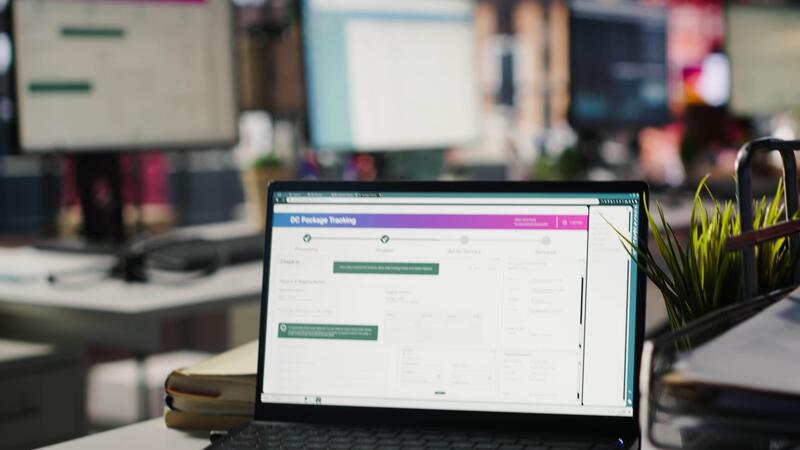 Package Tracking Software Displayed On Laptop Screen In Call Center Logistics Department