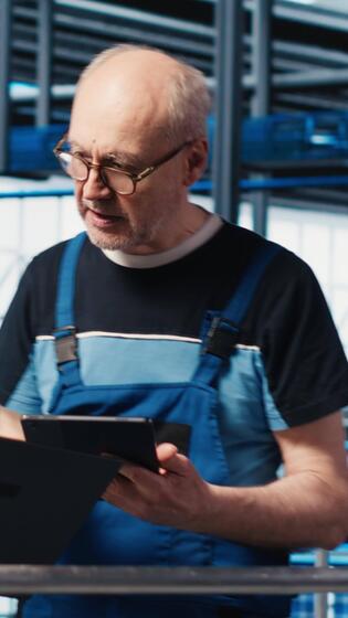 Vertical Supervisor overseeing work done by engineers in industry 4.0 solar panels plant to ...