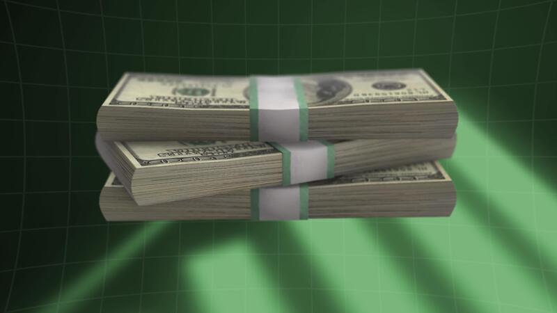 Rotating Stack of Hundred Dollar Bills with Business Infographic in Background 3D Animation ...