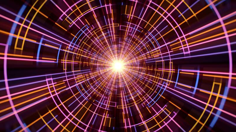 Seamless loop background with shiny tunnel made of bright orange, purple and blue digital ...