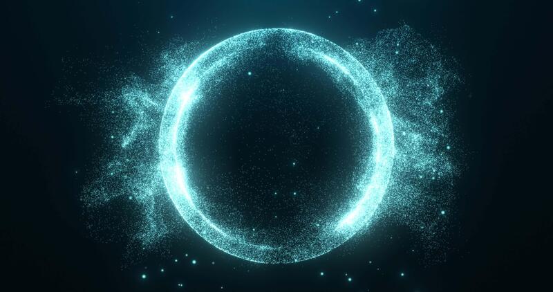 Abstract glowing sphere made of particles, dots and waves of blue color, digital technology ...