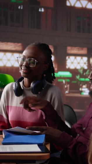 Vertical Group of diverse pupils engaging in online course via call, participating at the remote ...