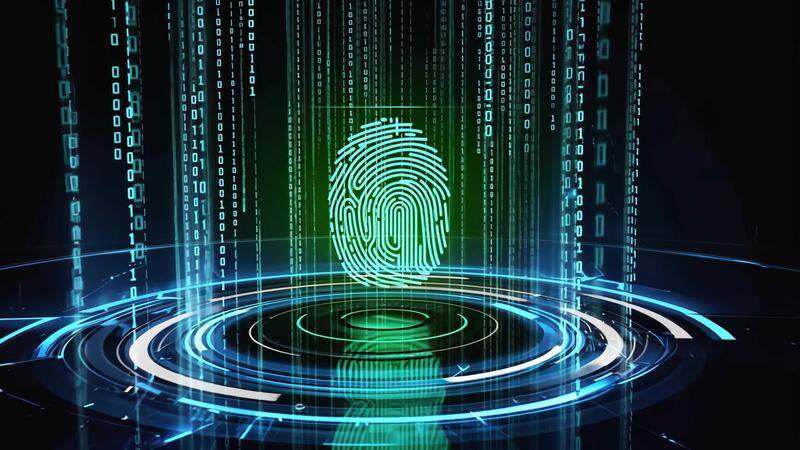 Green holographic fingerprint surrounded by digital binary code, glowing circular interface ...