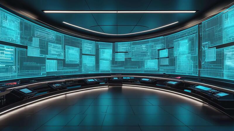 Futuristic control room with a curved wall of glowing blue digital screens and high-tech ...