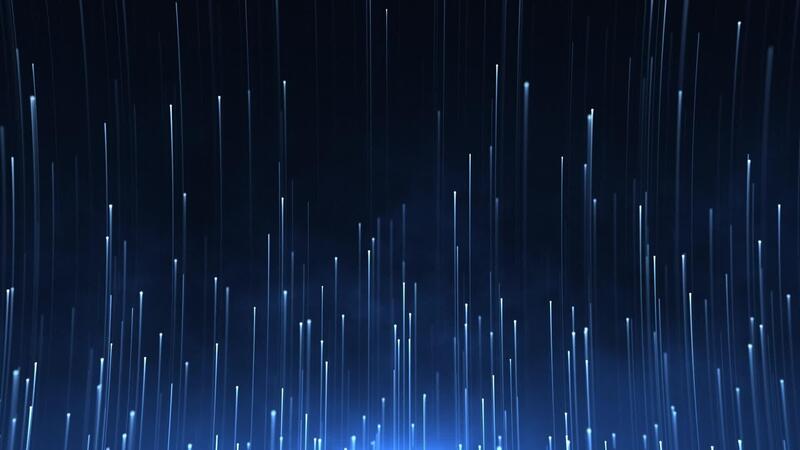 Futuristic digital animation with blue data node particles and light beams against a dark ...