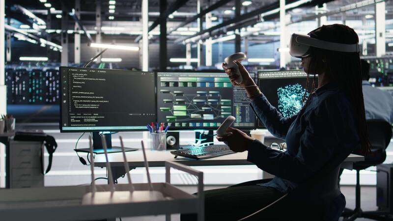 Server farm admin using VR equipment and node tree systems to categorize unstructured data. Data ...