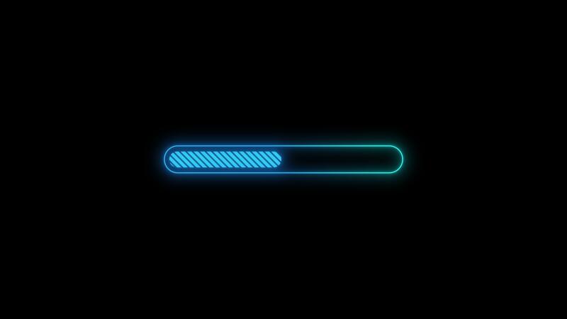 Glowing animation of uploading progress bar isolated on black background. Computer loading ...