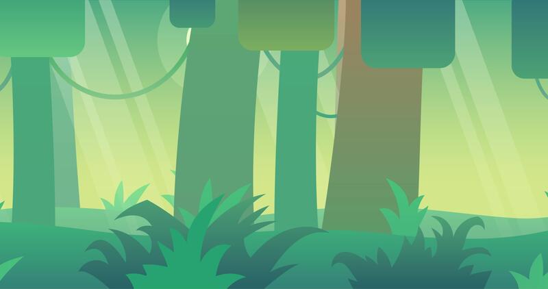 2D Parallax Looping Animation of a Deep Forest Landscape. Green trees, sun rays and distant ...