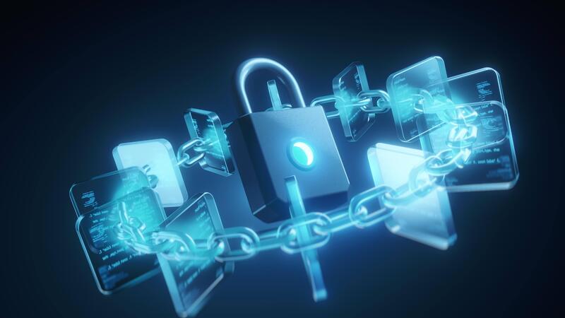 Futuristic visualization of blockchain security showing a glowing ... Futuristic visualization of blockchain security showing a glowing ...