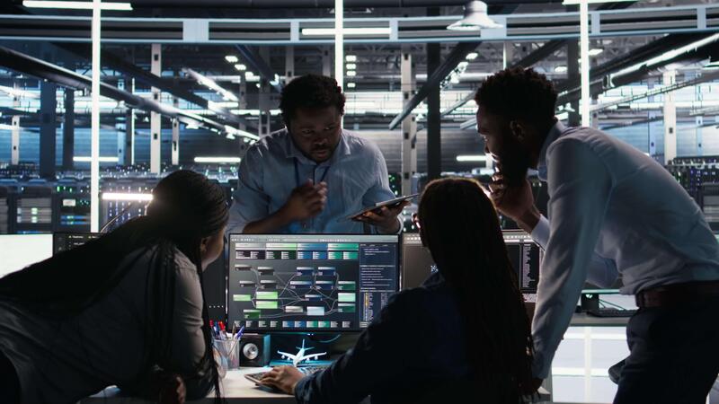 Data center coworkers doing brainstorming, using node tree software to analyze datasets. Server ...