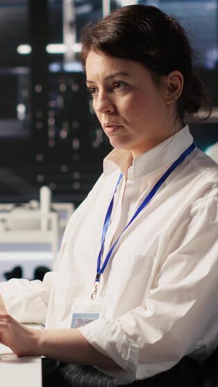 Vertical Data Center Technician Monitors Server Rigs Performing Ai Training And Inference Tasks