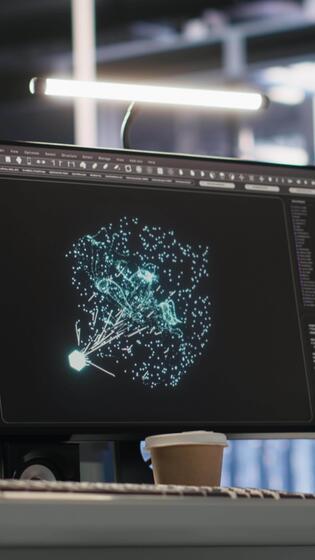 Vertical Close up of server farm PC screens tracking rackmounts processing deep learning ...