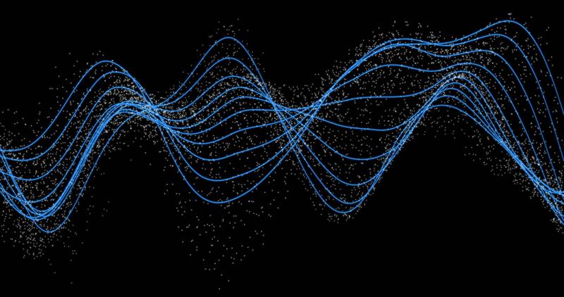A fluttering colored trail of sine waves on a black background. Seamless looping animation.45 ...
