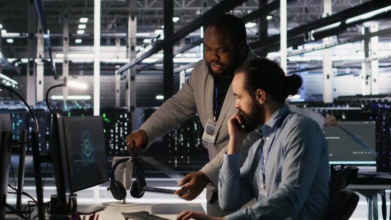 Data Center Engineers Use Laptop Collaborating On Doing Ai Software